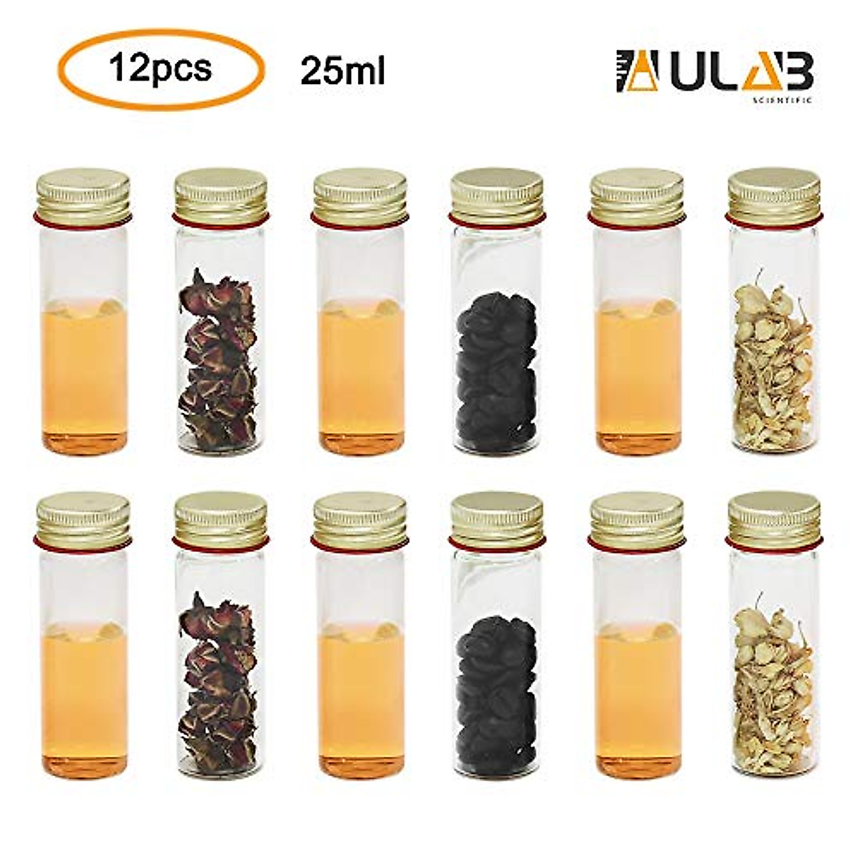 ULAB Scientific Sample Tubes 25ml with Screw Caps, Small Spice Containers 1oz, Makarthy, 3.3 Borosilicate Glass Tubes, Caps in Aluminum Material, Pack of 12, UTT1005