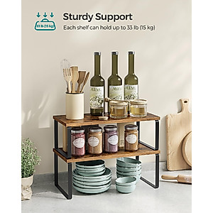 SONGMICS Cabinet Organizer Shelf, Set of 2 Kitchen Counter Shelves, Kitchen Storage, Spice Rack, Stackable, Expandable, Metal and Engineered Wood, Ink Black and Rustic Brown UKCS200X01