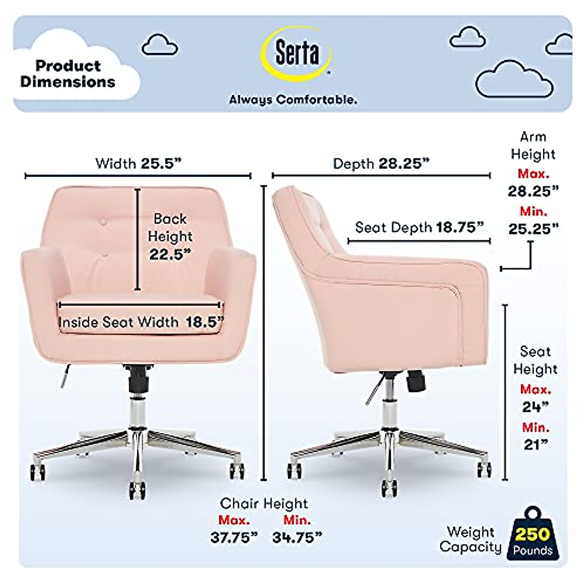 Serta Style Ashland Home Office Chair, Party Blush Pink Twill Fabric