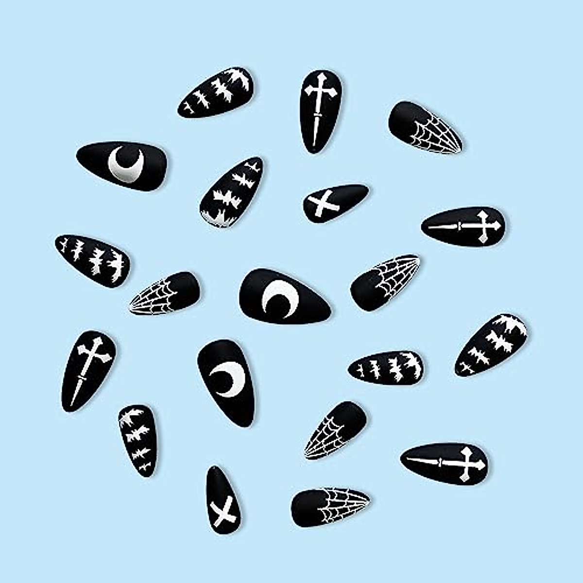 Halloween Press On Nails Almond, Glue on Nails with Spide Ghost Bat Pattern, Black Coffin Fake Nails Stick on Nails, Includes Prep Pad, Mini File, Cuticle Stick, Glue, Jelly Glue and 24 Fake Nails