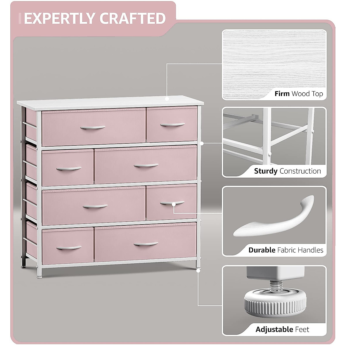 Sorbus Dresser with 8 Drawers - Furniture Storage Chest for Kid’s, Teens, Bedroom, Nursery, Playroom, Clothes, Toys - Steel Frame, Wood Top, Fabric Bins (Pink)