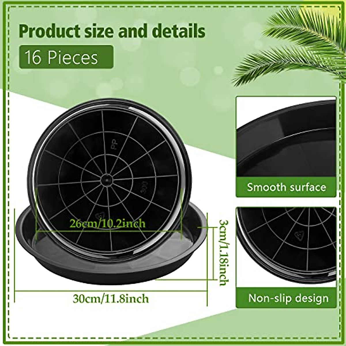 16 Pieces Plant Dish Plastic Plant Tray Round Thick Plant Pot Saucers Sturdy Flower Pot Saucer Black Drip Trays for Plants for Indoor and Outdoor Plants Home Garden (11.8 Inches in Top Size)