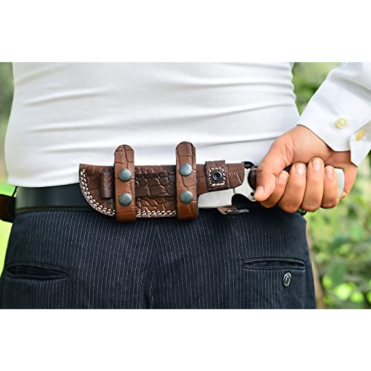 ALZAFASH Horizontal Carry Knife, Tracker Knife with Sheath, Hunting Knife with 1095 Carbon Steel Blade, Camping Knife, Hiking Knife