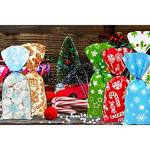 MISS FANTASY 160 Pack Christmas Cellophane Goody Bags with Twist Ties for Holiday Favors Treats Kids Xmas Treat 10.8'' x 4.9'' Small Bulk Plastic Treats Bag Christmas Cellophane Treat Bags