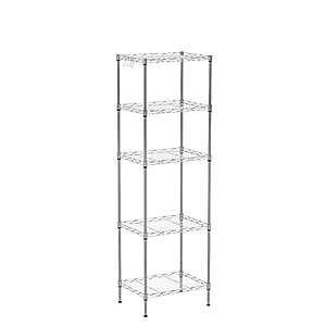 SONGMICS 5-Tier Storage Shelves, Wire Shelving Unit, Kitchen Metal Shelves, Storage Rack with Adjustable Shelves, Shelf Liners, 8 Hooks, for Garage, 11.8 x 15.7 x 47.6 Inches, Silver ULGR115E01