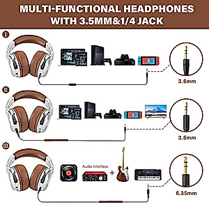 Over Ear Headphone, Wired Premium Stereo Sound Headsets with 50mm Driver, Foldable Comfortable Headphones with Protein Earmuffs and Shareport for Recording Monitoring Podcast PC TV- with Mic (Silver)