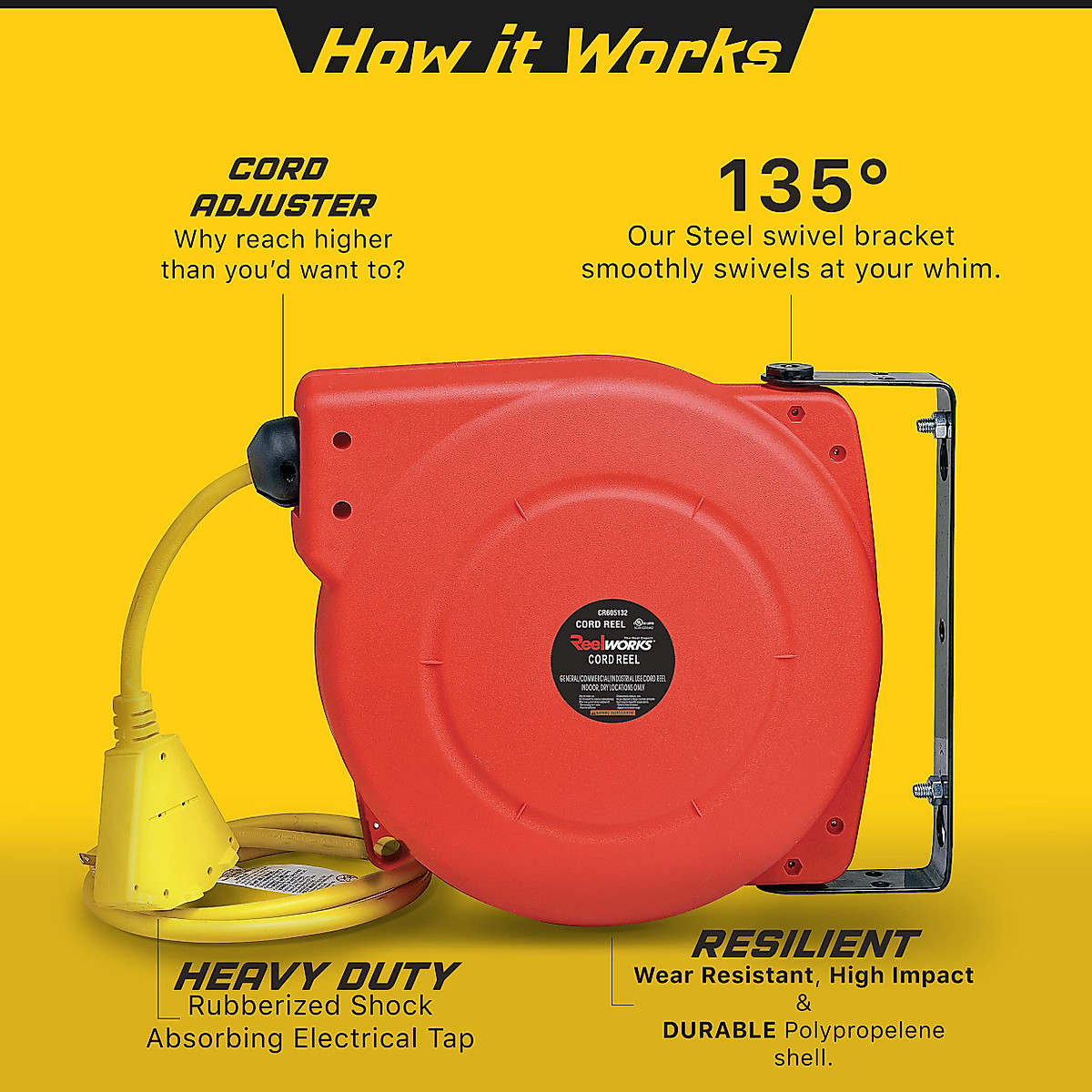 ReelWorks Retractable Extension Cord Reel Polypropylene 12AWG x 40' Foot Industrial Commercial Grade 3C SJT Cable Triple Tap Connector 15A 125VAC 1875W 60Hz Current Interrupter Best for Indoor Use