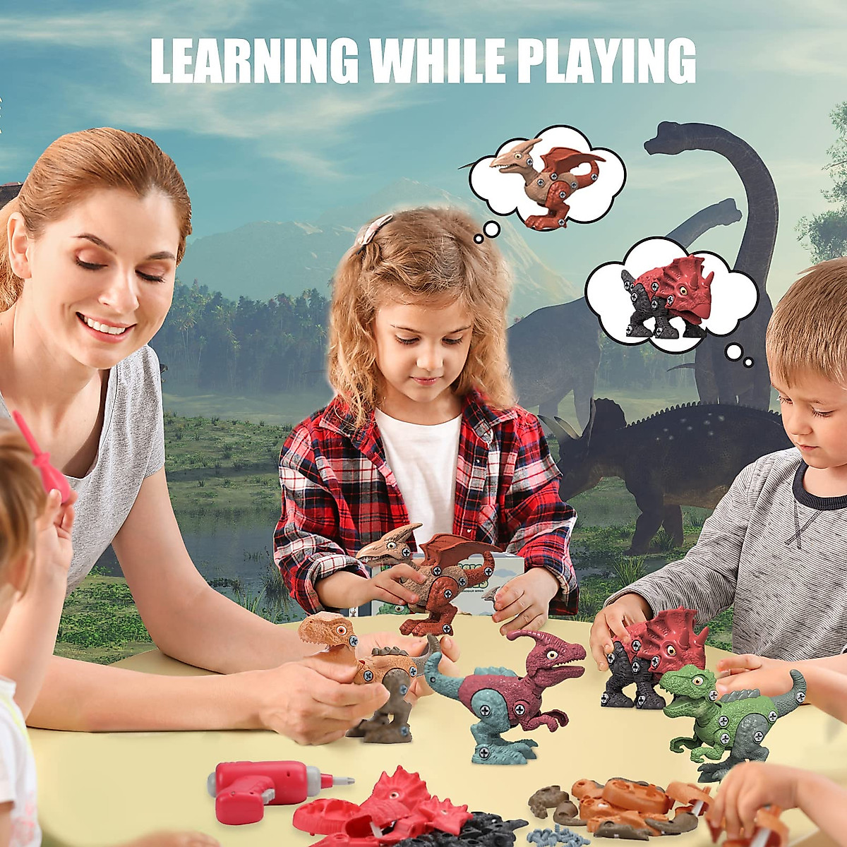 Keriday 5Pcs Dinosaur Toys for Kids 3-8, Take Apart Toys with Cordless Drill for Boys & Girls, STEM Educational DIY Construction Building Gifts for Birthday Easter Christmas Hannukah