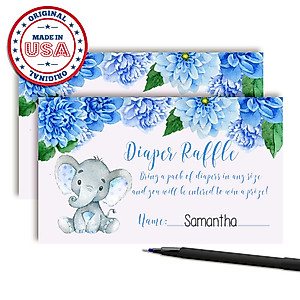 Amanda Creation Watercolor Dahlia Floral Elephant Diaper Raffle Tickets for Boy Baby Showers, 20 2" X 3” Double Sided Inserts, Bring a Pack of Diapers to Win Favors & Prizes!