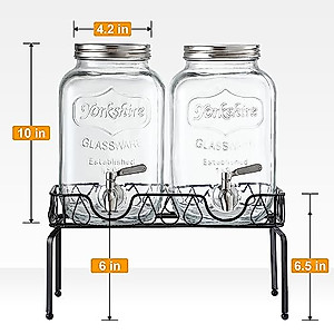 1-Gallon Glass Drink Dispenser with Stand and Lid, 18/8 Stainless Steel Spigot, [2 Pack] Glass Beverage Dispensers for Parties - Mason Jar Drink Dispensers with Lids, Wooden Chalkboards