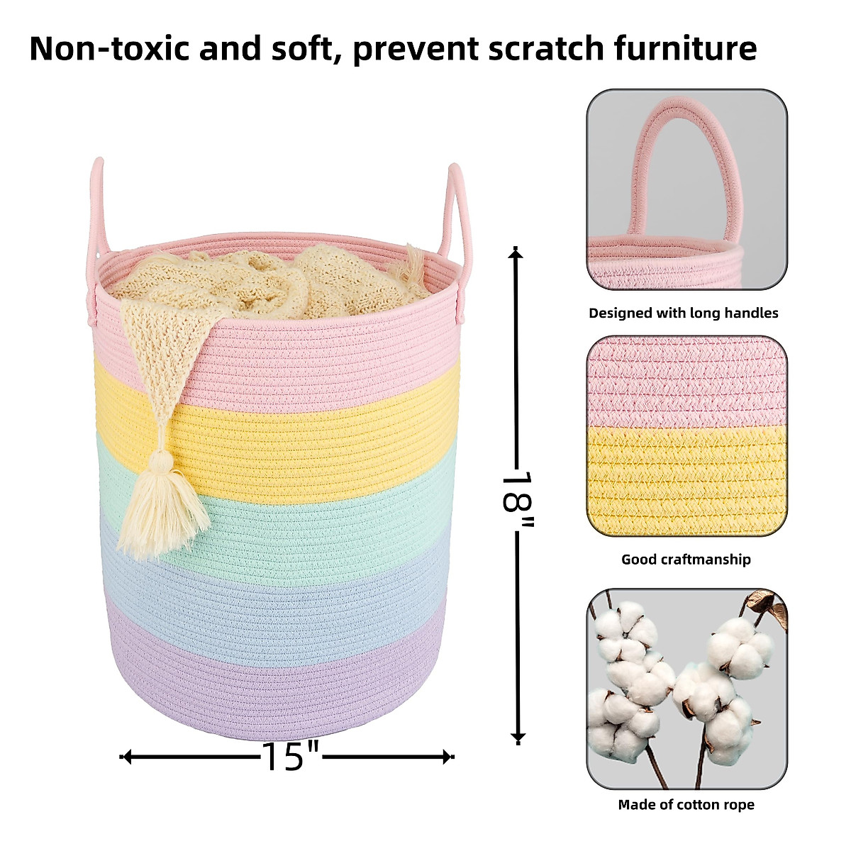 XUANGUO Rope Laundry Basket Hamper for Kids Girl Woven Storage Basket for Living Room Bedroom Boho Tall Baskets for Blanket Toys Pillow Towels Baby Nursery Hamper Bin rainbow