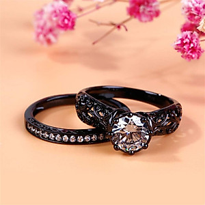 Jeulia 2.5 Ct Black Tone Wedding Ring Set 925 Sterling Silver Round Cut Bridal Sets Vintage CZ Wedding Band Rings Anniversary Engagement Promise Rings for Her with Jewelry Gift Box (8)