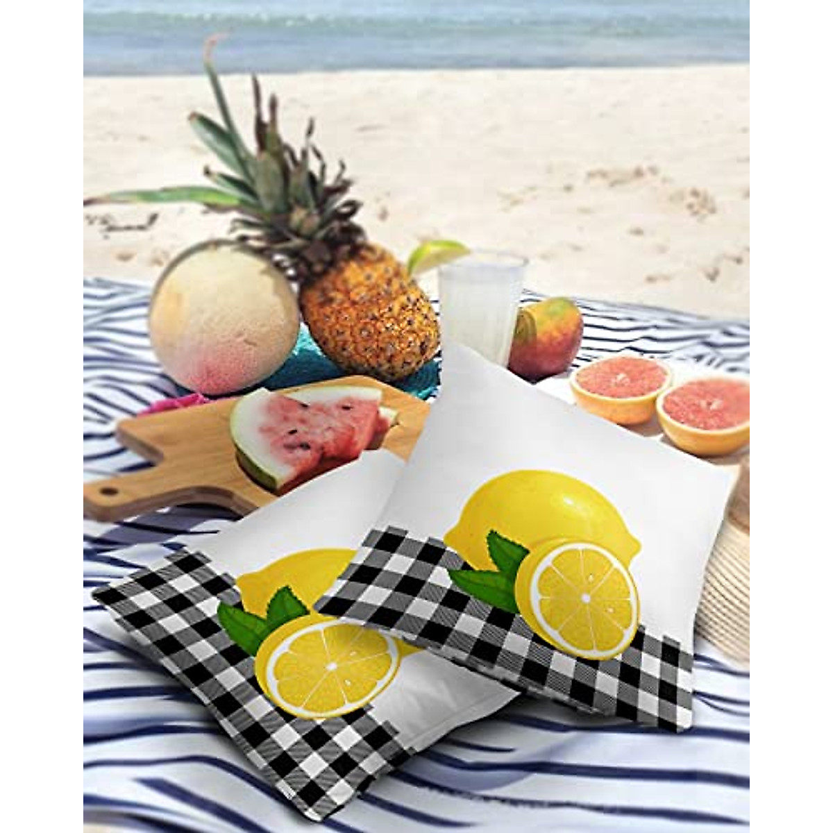 Vandarllin Outdoor Throw Pillows Covers 18X18 Set of 2 Waterproof Lemon Summer Fruit Decorative Zippered Lumbar Cushion Covers for Patio Furniture, Black White Buffalo Check Plaid