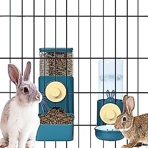 PStarDMoon Bunny Automatic Food Feeder& Water Dispenser & Rabbit Hay Feeder Bag, Gravity Auto Feeder Water Set for Small Dog Cat Small Animals Rabbit Chinchilla Guinea Pig Hedgehog Ferret (Blue)