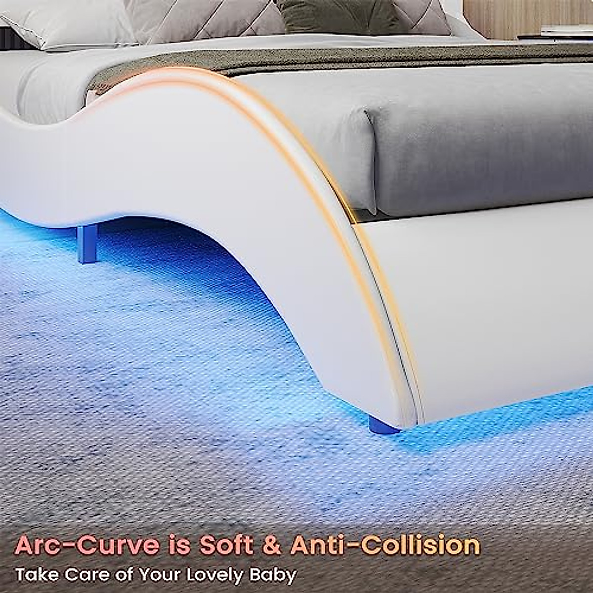 DICTAC King Size Bed Frame with LED Lights Modern King Led Bed Frame with Upholstered Headboard Faux Leather Low Profile Platform Bed Frame Wave Like Curve Bed Frame,No Box Spring Needed,White