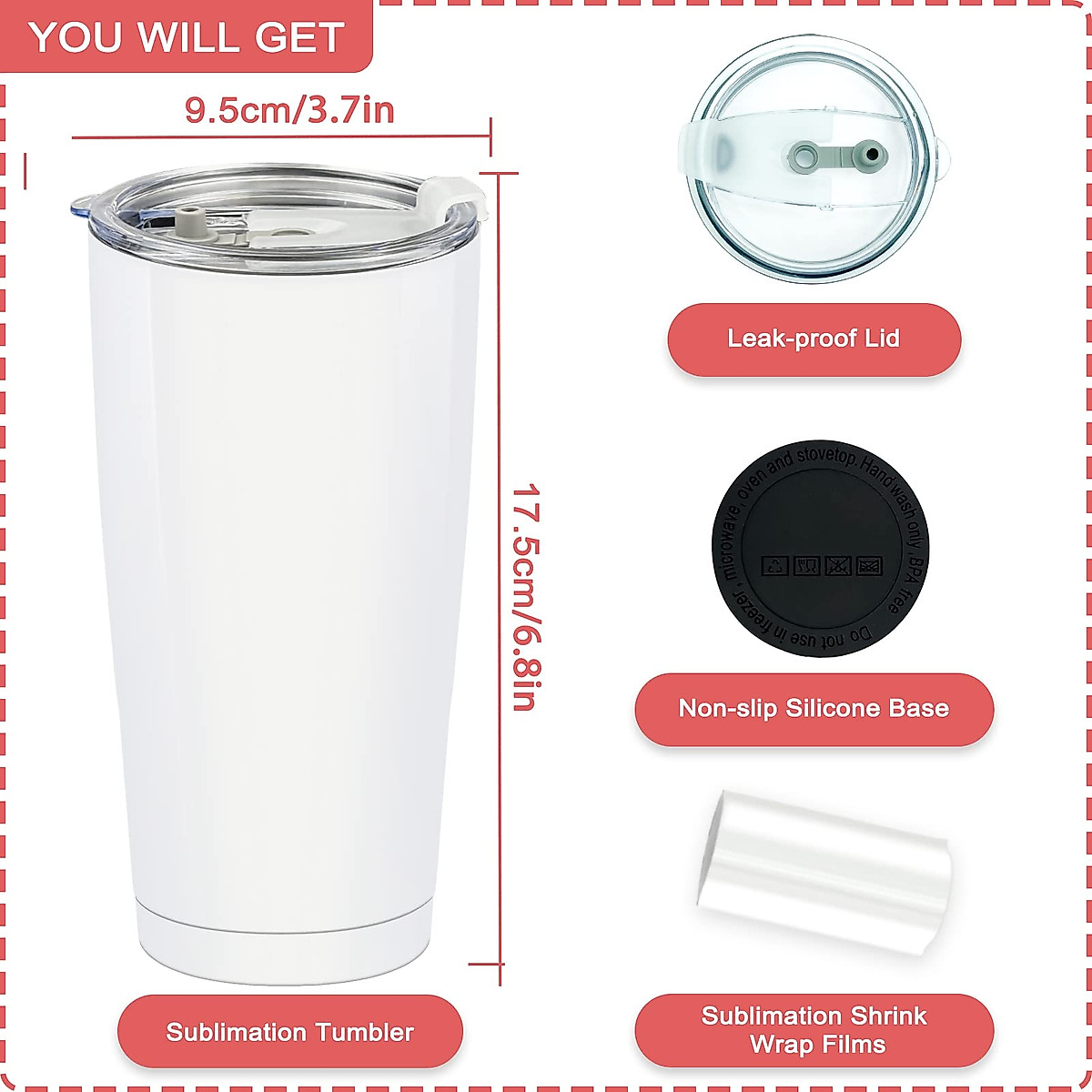 AiHeart 20oz Sublimation Stainless Steel Coffee Tumblers,Double Wall Vacuum Insulated Blanks Bulk Tumblers with Lid Silicone Coasters and Shrink Wrap Films,Travel Mug For Car Cup Racks(6pack)