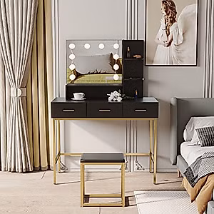 Vanity Set with Mirror and Stool, Vanity Desk with Mirror and Lights, Dressing Table with Drawers, Vanity Mirror with Lights Desk and Chair, Makeup Vanity Chair Stool for Bedroom, Black