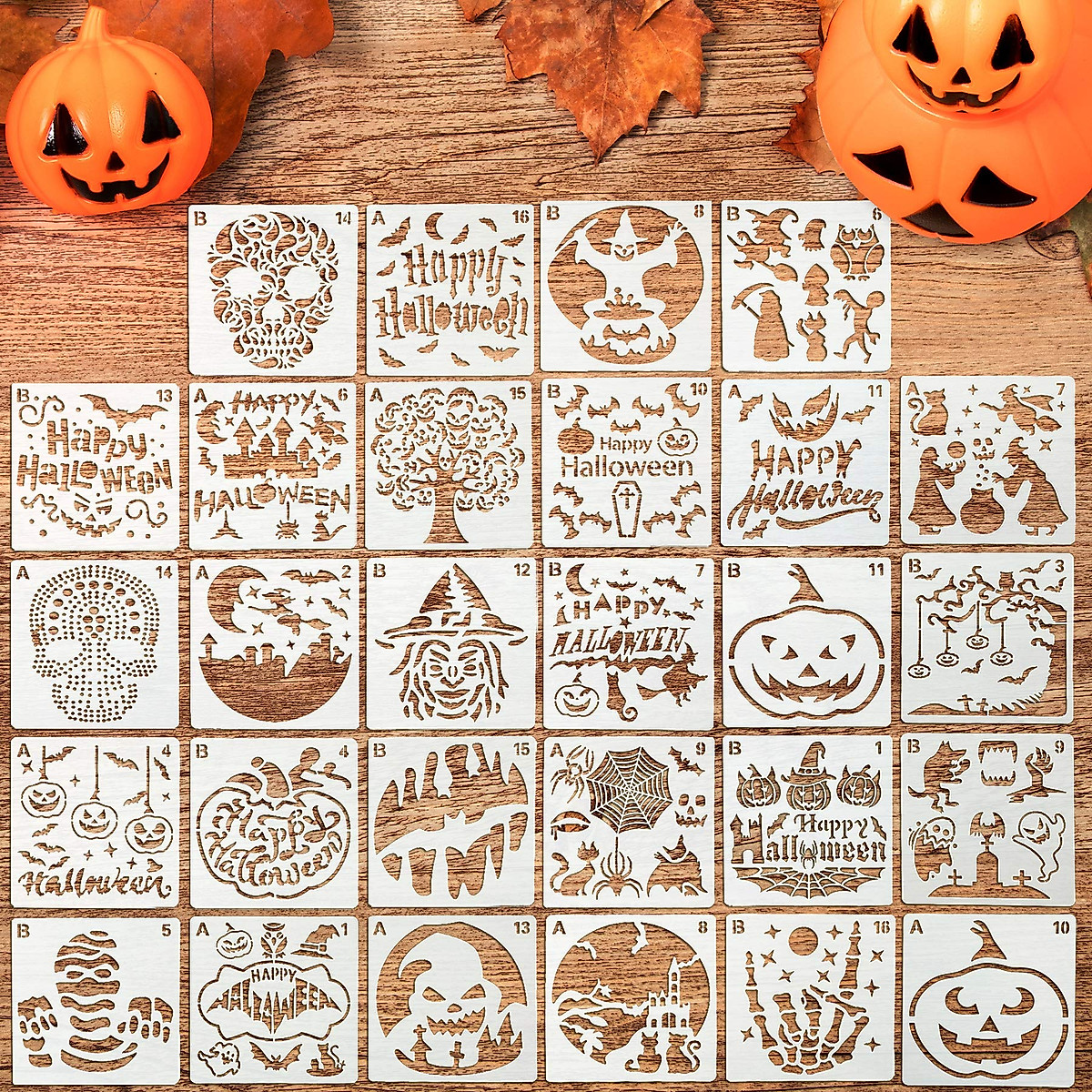FEBSNOW 32 Pcs Halloween Painting Stencils Reusable Halloween Template Pumpkin Witch Skeleton Skull Vampire for DIY Craft Drawing Painting Spraying Window Glass Wood Airbrush Walls Art