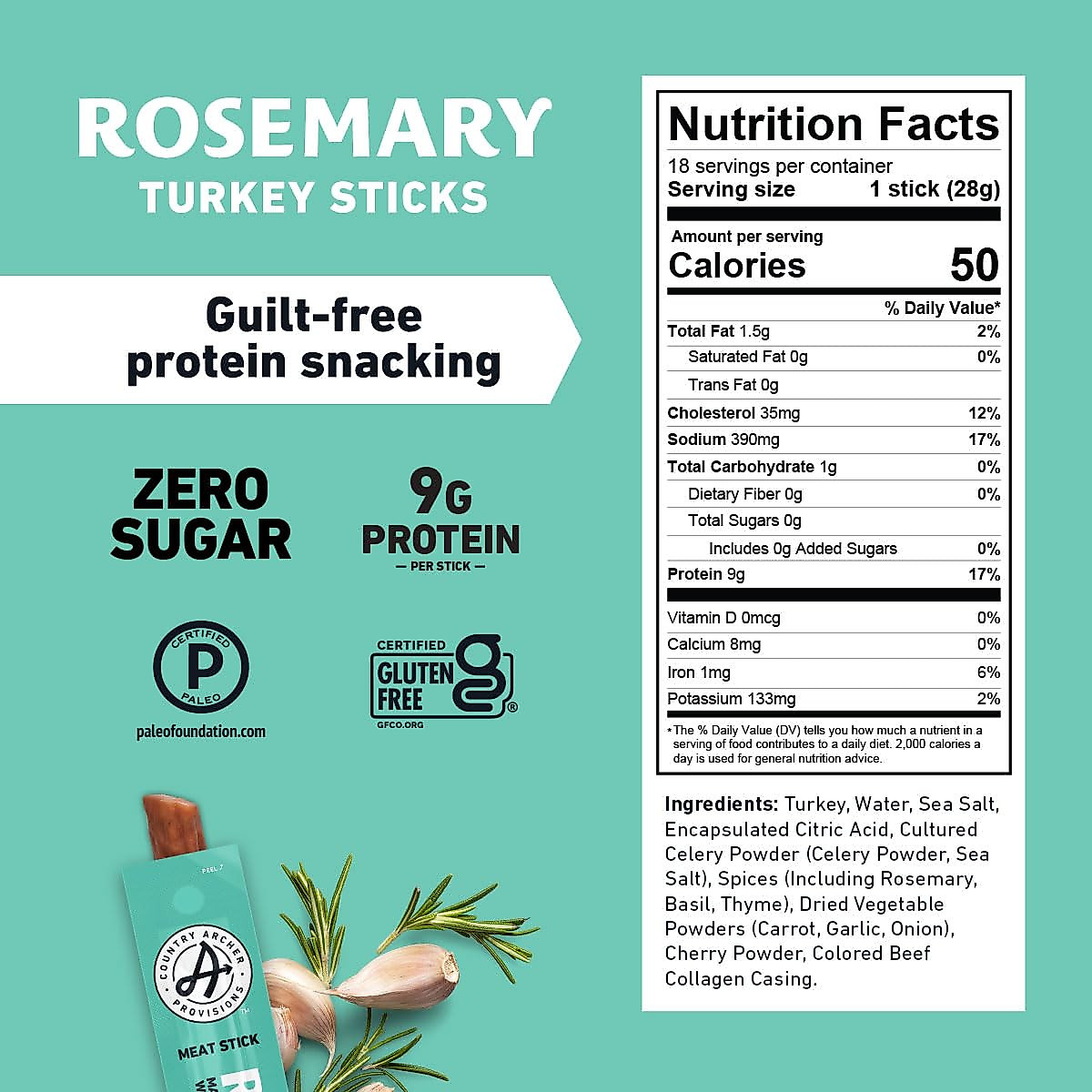 Rosemary Turkey Sticks by Country Archer, 100% Natural, Gluten Free, High Protein Snacks, 1 Ounce, 18 Count