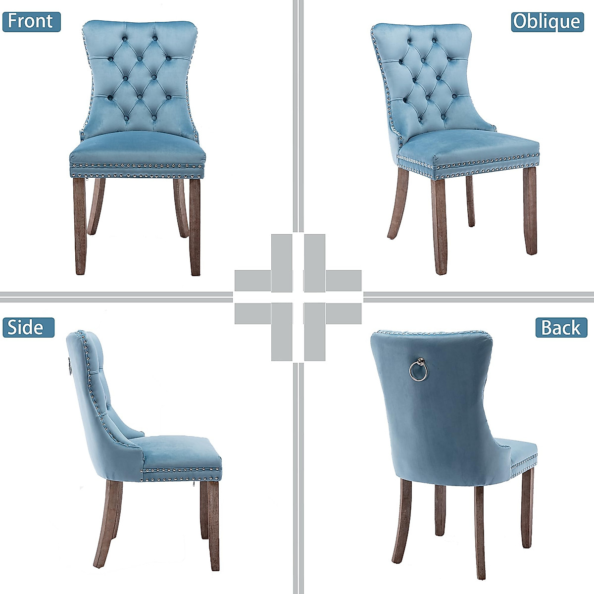Rhomtree Set of 6 Velvet Fabric Dining Chairs Luxury Tufted Back with Nailed Trim and Back Ring Pull Home Kitchen Dining Room Chairs Armless Side Chairs Solid Rubber Wood Legs (Light Blue)