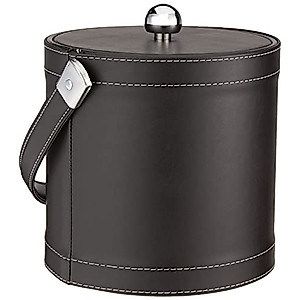 Kraftware Ice Bucket with Stitched Handle, Fabric Lid and Chrome Astro Ball Knob, Black - 3 Quart