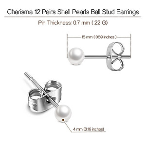 Charisma 4mm Composite Pearl Earrings Round Ball Pearls Stud Earrings Hypoallergenic 12 Pairs Imitation Pearl Earrings Set for Women