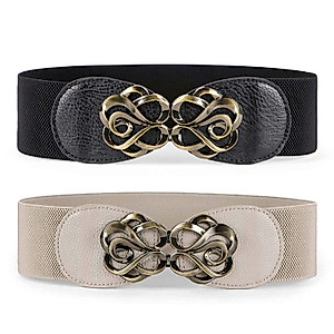 JASGOOD 2 Pack Women Stretchy Belts for Dresses Vintage Elastic Wide Waist Belts, Fit Waist Size 28-35 Inches, D-Black+Beige