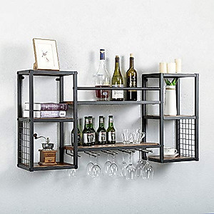 Industrial Hanging Wine Rack Wall Mounted with 5 Stem Glass Holder,47.2in Rustic Wine Glass Rack Wall Mount,Wine Bottle Holder Wall Shelf Wood Shelves,Wine Glass Shelf Metal Floating Bar Shelves
