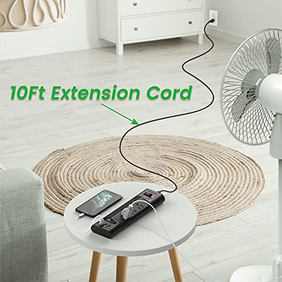 10 Ft Surge Protector Power Strip with USB, 7 Outlets and 3 USB Ports, SUPERDANNY 3-Prong Extension Cord, Wall Mountable for Home Office Dorm, Black