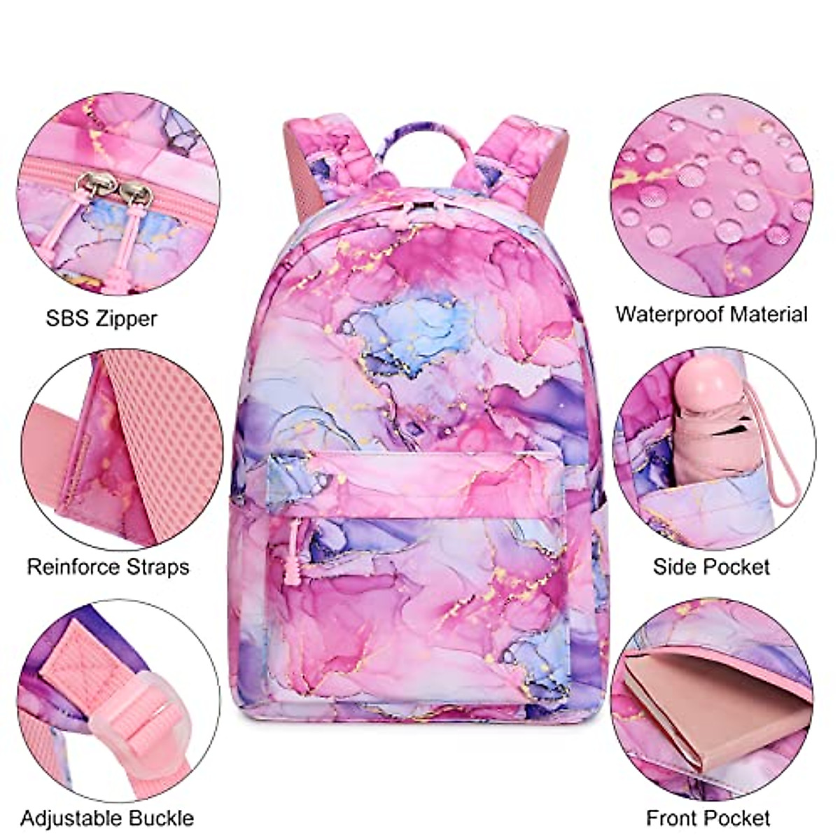 Biesena.h Backpack For Girls School Backpack Set With Lunch Box Kids Book Bag Toddler Backpack Waterproof Travel Bag (Red-Marble)