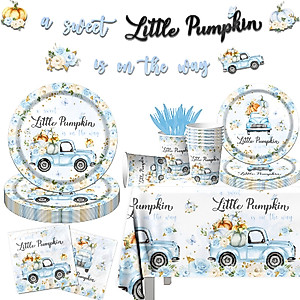 Little Pumpkin Baby Shower Decorations Tableware,142Pcs A Sweet Little Pumpkin is On The Way Boy Blue Floral Truck Disposable Tablecloth,Plates,Napkins for Autumn Fall Thanksgiving Party Supplies