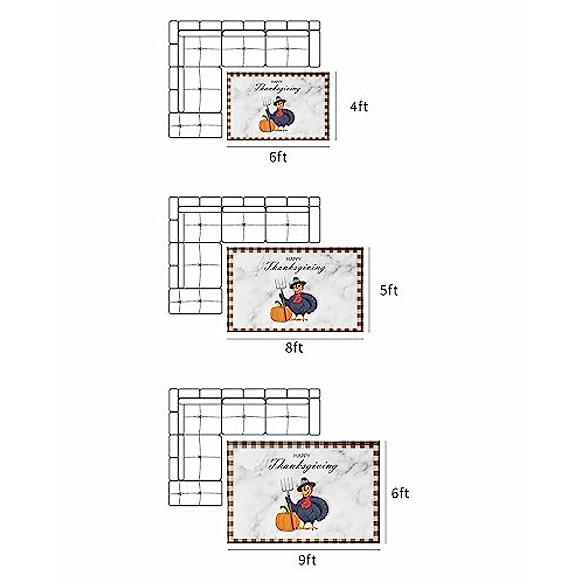 Thanksgiving Turkey and Pumpkin Outdoor Patio Rug for Deck,Picnic,Porch,Balcony 6x9ft Water Absorb Non Skid Area Rugs,Washable Camping RV Carpet Mats White Grey Marble Texture