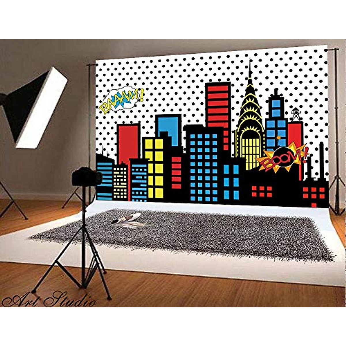 Art Studio 5x3ft Superhero Super City Photography Backdrops Skyline Buildings City Boom Photo Background Children Birthday Party Banner Photo Studio Booth Cake Table Decor Vinyl