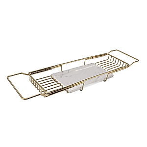 Metal Marble Bathtub Rack, Bathtub Caddy Tray Stainless Steel Shower Caddy Tray with Extending Sides, Bathroom Trays (Gold White)