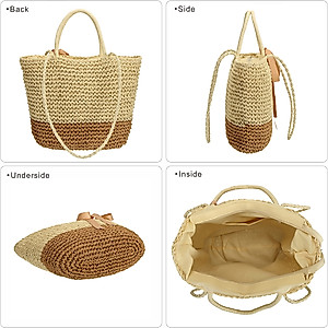 So'each Women's Handbag Color Matching Bow Wicker Woven Rattan Straw Tote Shoulder Bag Beige