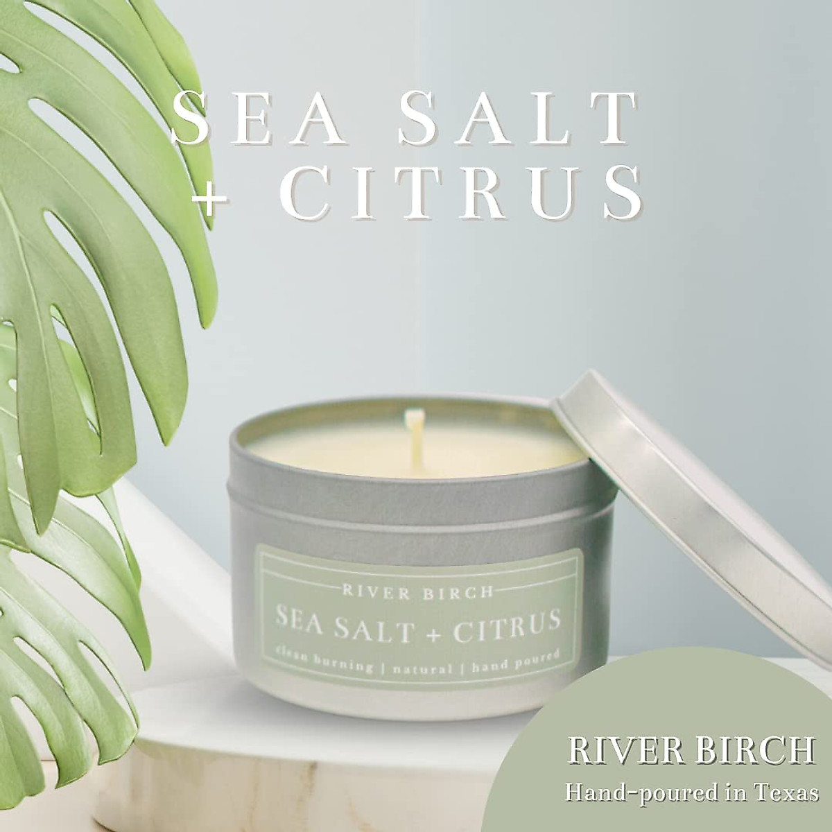 River Birch Candles Sea Salt + Citrus Scented Candle | Premium, All-Natural, Non-Toxic, Soy Candles | 8 oz. Silver Tin Travel Candle | Cozy Relaxing Gifts for Home