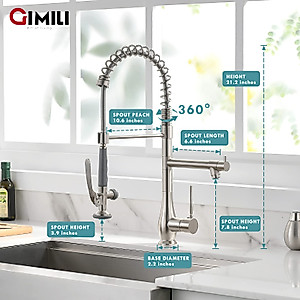 GIMILI Kitchen Faucet with Pull Down Sprayer, Single Handle High Pressure Kitchen Sink Faucet, Commercial Double-Headed Stainless Steel Kitchen Faucets Sink with Deck Plate, Brushed Nickel