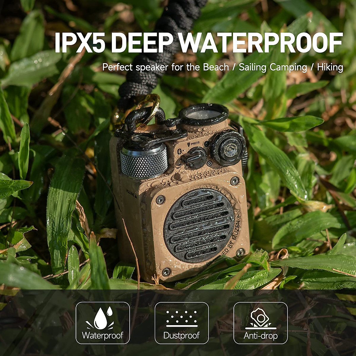 Muzen Portable Bluetooth Speaker, Wild Mini Rugged Travel Outdoor Speaker, Wireless Waterproof IPX5 with Flashlight, Stereo Sound, Metal Wild Look, for Adventure, Camping, Hiking