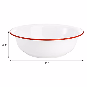 Elsjoy Set of 2 Enamel Bowl, 3 Quart Large Enamel Mixing Bowl White Enamelware with Red Rim, 11 Inch Vintage Enamel Soup Basin for Fruit, Salad, Pasta, Dinner