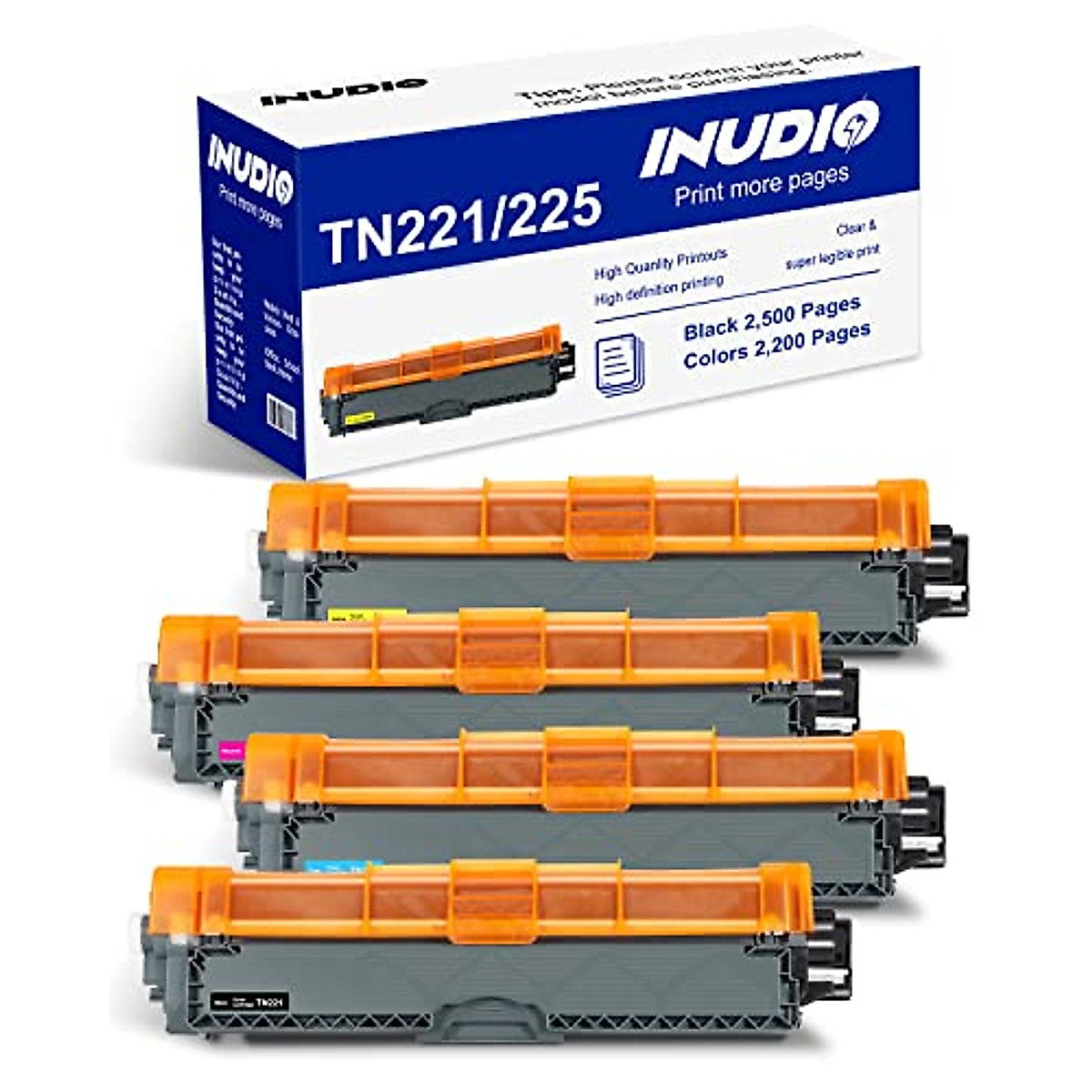INUDIO Compatible Toner Cartridge Replacement for Brother TN221 TN225 Compatible with MFC-9130CW HL-3170CDW HL-3140CW HL-3180CDW MFC-9330CDW (1 Black, 1 Cyan, 1 Magenta, 1 Yellow)