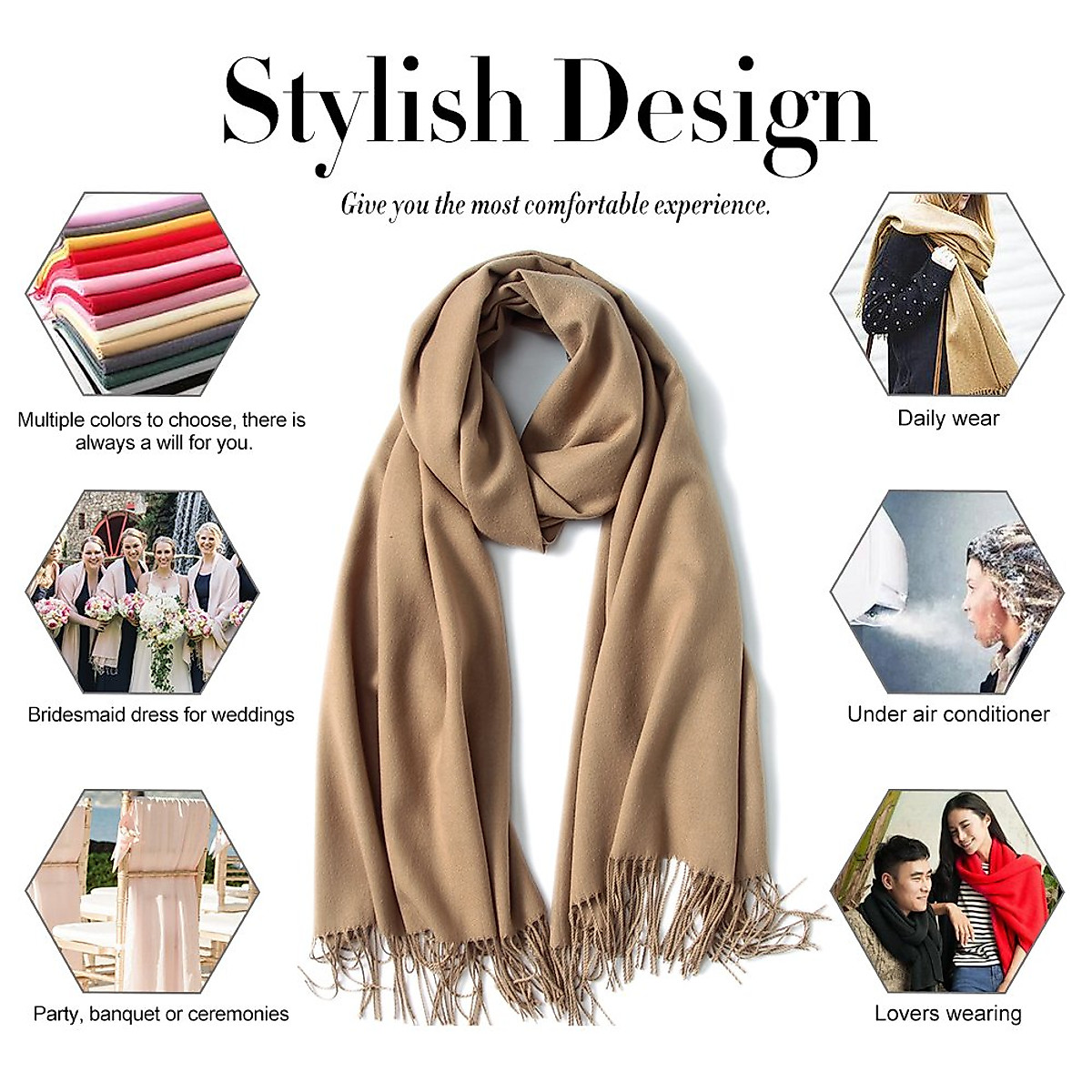 maamgic Women's Scarf Pashmina Shawls and Wraps for Evening Dresses Travel Office Winter Wedding Cashmere Feel Large Scarves Tan/Camel