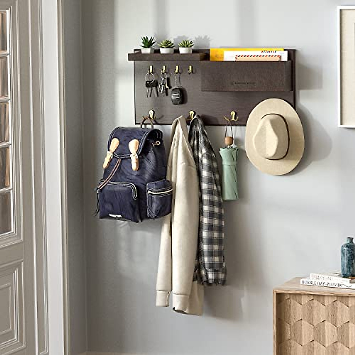 JackCubeDesign Entryway Coat Rack Wall Mount Key Holder Mail Envelope Hook Organizer Clothes Hat Hanger with Faux Brown Leather Shelf and Tray(Solid Wood, 20.5 x 9.1 x 3.4 inches) – :MK362B