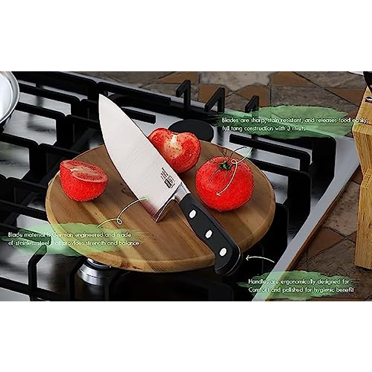 Cooks Standard 6-Piece Stainless Steel Knife Set with Expandable Bamboo Block for Extra Slots