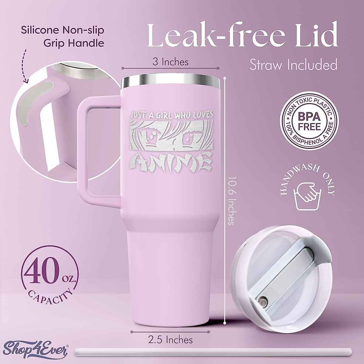 shop4ever Just A Girl Who Loves Anime Engraved Insulated Stainless Steel Tumbler with Handle, Lid, and Straw 40 oz. Anime Fans Anime Lovers Birthday Gift (Lavender)