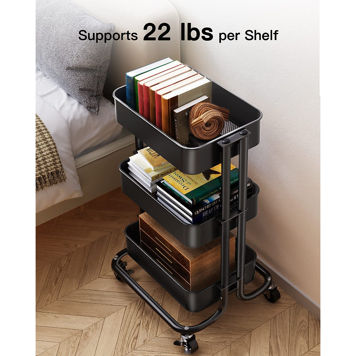 Pipishell 3 Tier Metal Rolling Utility Cart, Heavy-Duty Storage Rolling Cart with 2 Lockable Wheels, Multifunctional Mesh Organization Utility Cart for Kitchen Dining Room Living Room (Black)
