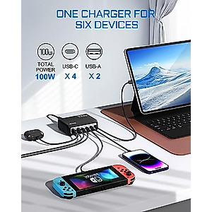 USB C Charging Station, 100W GaN 6 Port Charging Hub for Multiple Devices with PD3.0 and QC3.0 Fast Charging Stock, Power Strip for iPhone, iPad Air/Pro, Galaxy- Black