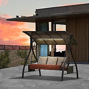 Patio Porch Swing 3 Person Adjustable Canopy Deluxe Hammock Swing Glider with Solar LED Light and 3 Sunbrella Cushions for Outdoor Garden, Balcony, Backyard by Domi outdoor living