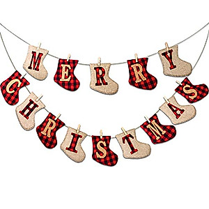 HALLO Merry Christmas Burlap Banner-Sock Shaped Christmas Decoration,Outdoor Indoor Hanging Decor,Rustic Christmas Decorations for Mantle Fireplace,Xmas Party Supplies Decoration