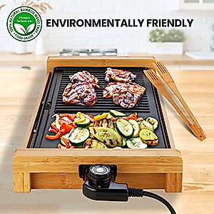 NutriChefKitchen Household Smokeless Indoor Grill, Nonstick Electric Grill, Detachable Bamboo, Tempaerature Control, Adjustable Temperature Knob, For Indoor BBQs with no smoke (Black)