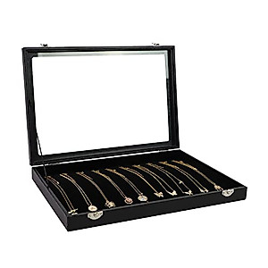 Wudygirl 20 Hooks Necklace Tray Storage Box Jewelry Display Stackable Glass Top Lockable Black Velvet Boxes(Necklace Box)